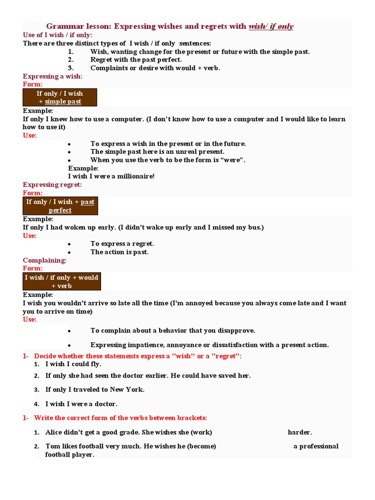 Grammar Lesson: Expressing Wishes and Regrets With Wish/ If Only | PDF ...
