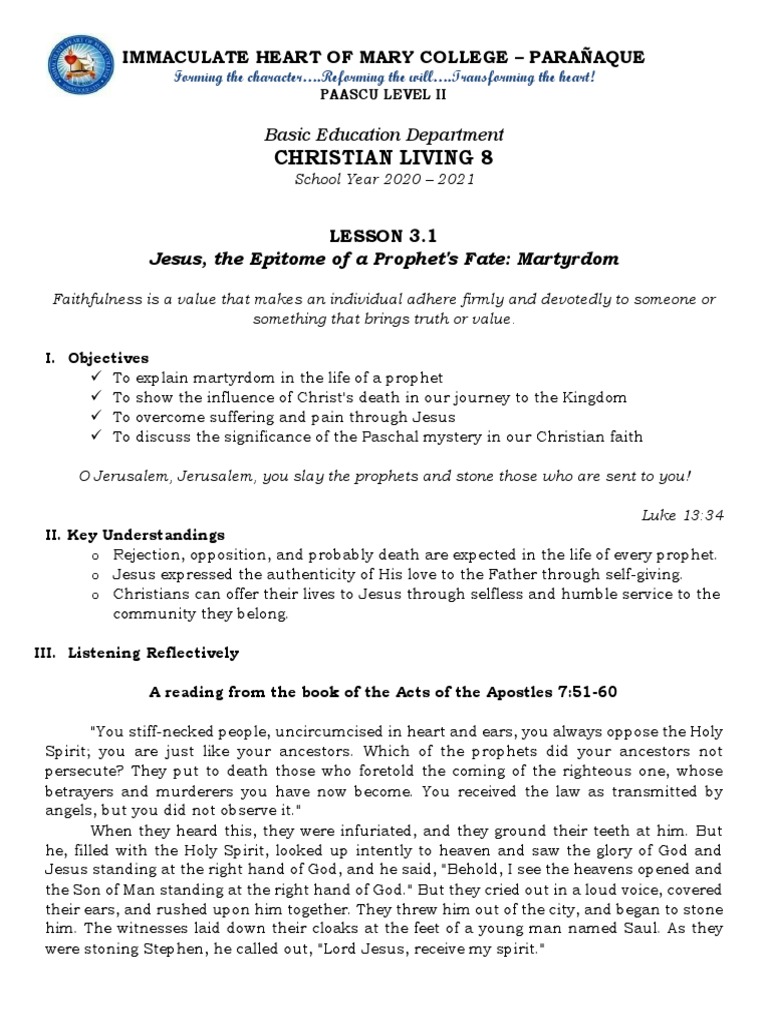 Lesson 3.1 Jesus, The Epitome of A Prophet's Fate Martyrdom | PDF ...