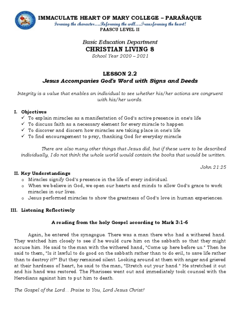 Lesson 2.2 Jesus Accompanies God's Word With Signs and Deeds | PDF ...