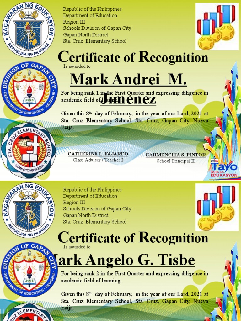 First Quarter Recognition Certificates | PDF | Philippines | Schools