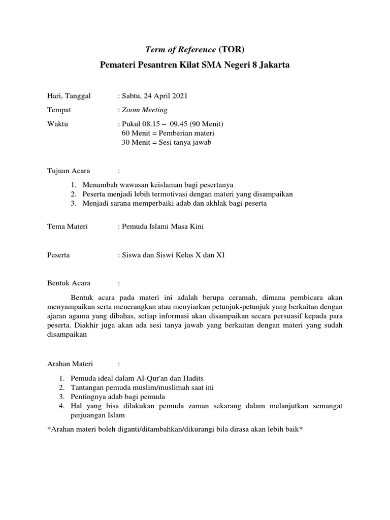 Contoh TOR Pemateri Singkat | PDF | Karier & Perkembangan