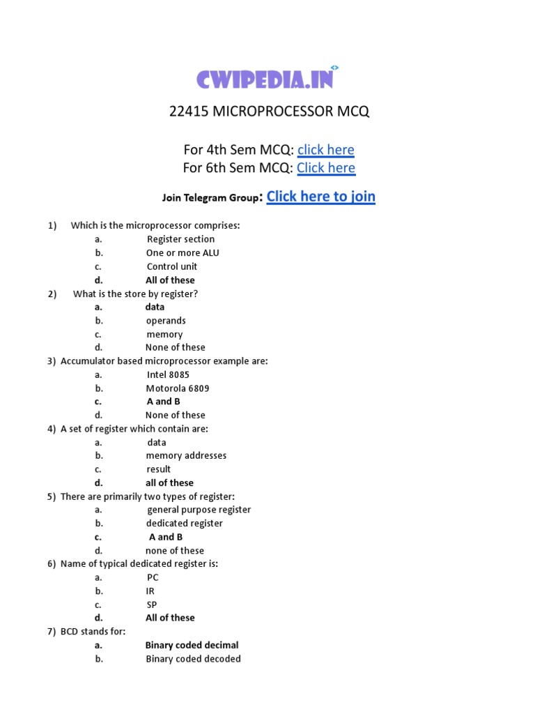 Microprocessor MCQ: For 4th Sem MCQ: For 6th Sem MCQ | PDF | Random Access Memory | Computer ...