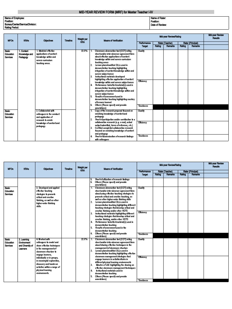 MID-YEAR REVIEW FORM (MRF) For Master Teacher I-IV | PDF | Lesson Plan | Educational Assessment