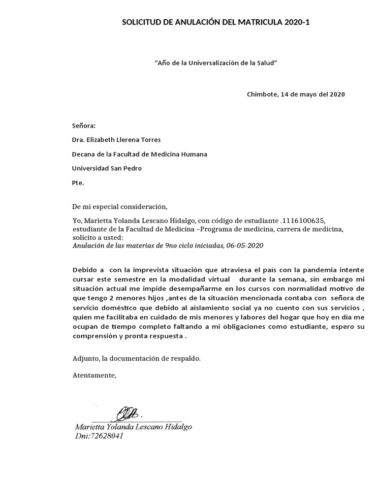 Solicitud de Anulación Del Matricula 2020-I | PDF
