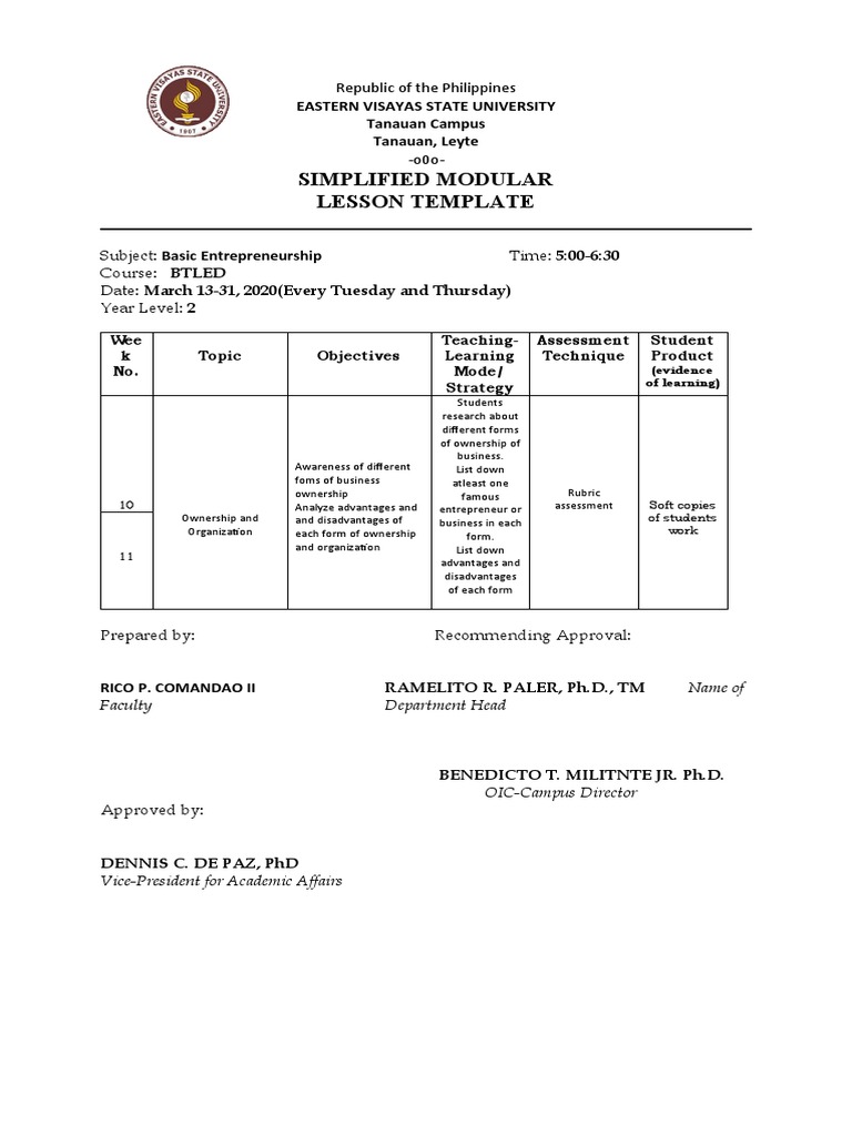 Simplified Modular Lesson Template: Eastern Visayas State University ...