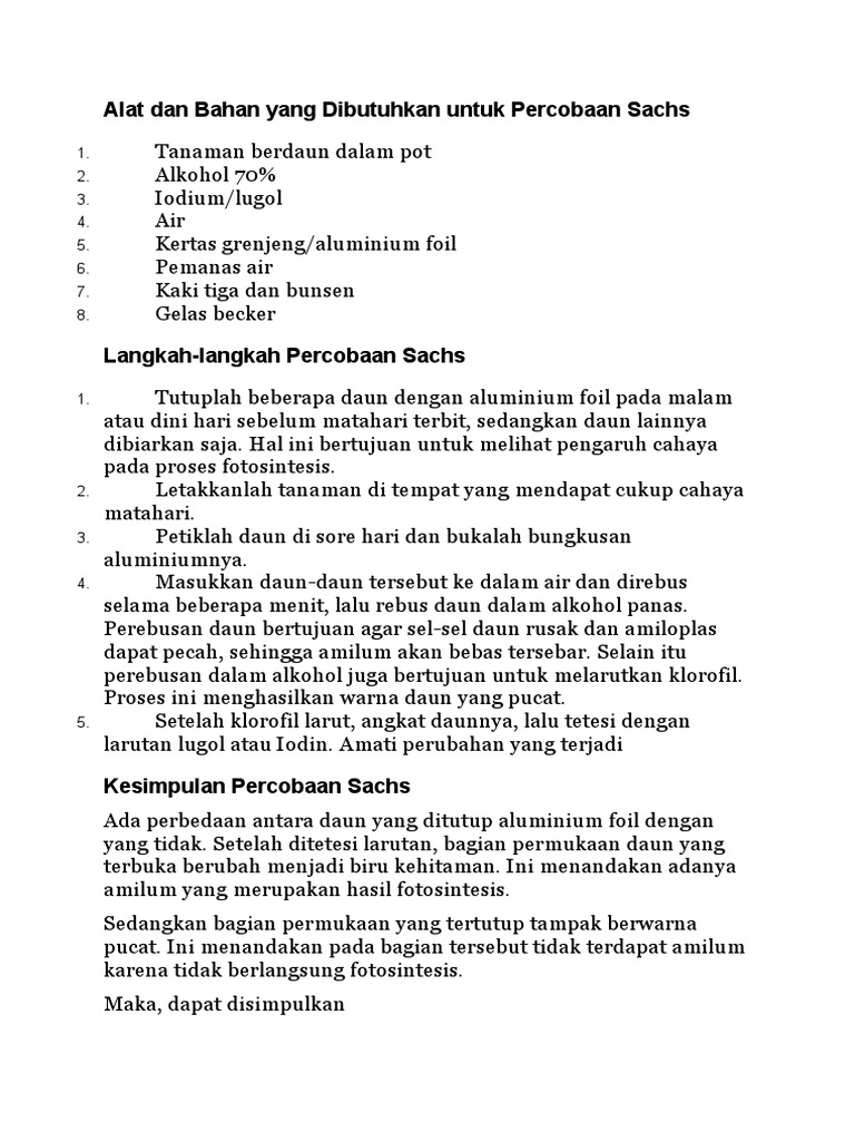 Alat Dan Bahan Yang Dibutuhkan Untuk Percobaan Sachs | PDF | Griya & Taman