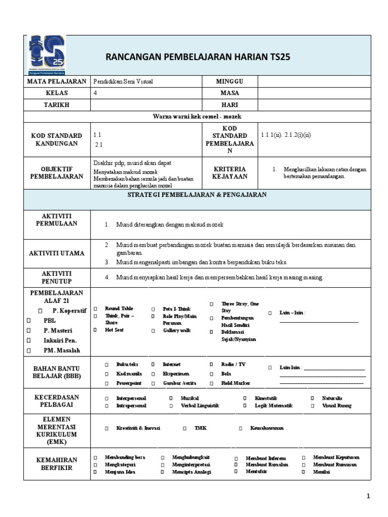 RPH PSV Tahun 4 Unit 2 Warna Warni Kek Cawan Mozek | PDF
