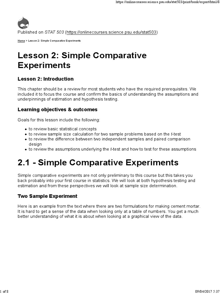 Lesson 2: Simple Comparative Experiments | PDF | Student's T Test ...
