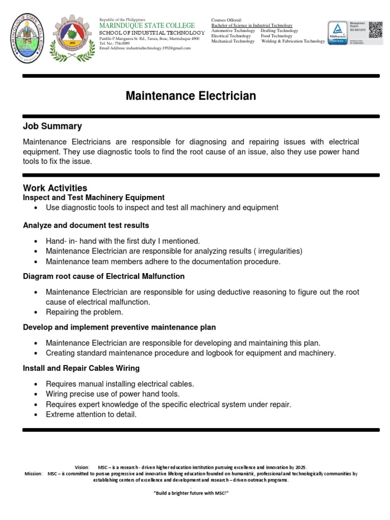 Maintenance Electrician: Job Summary | PDF | Electrician | Science