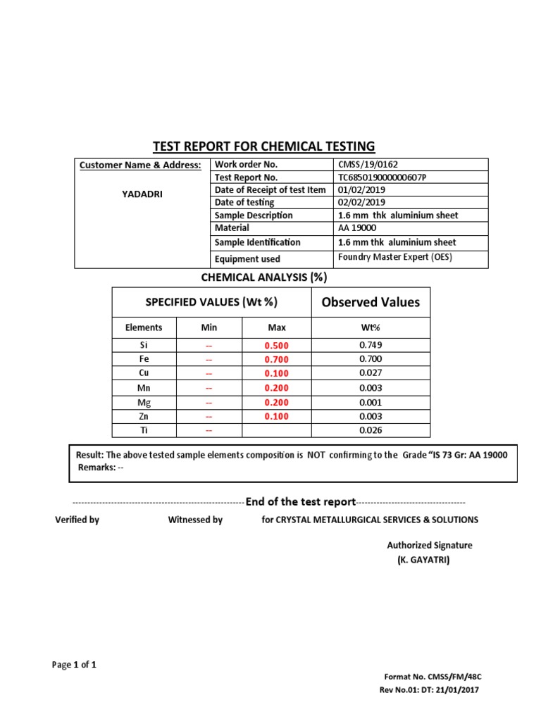 Test Report For Chemical Testing: Chemical Analysis (%) Specified ...