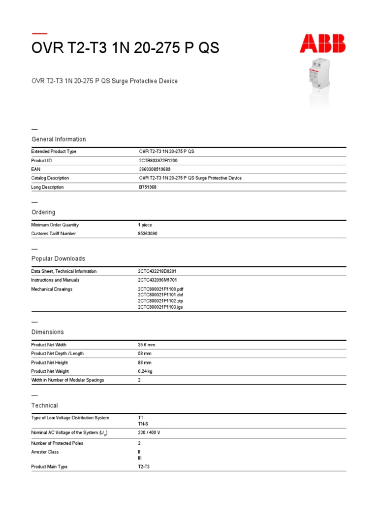 OVR T2-T3 1N 20-275 P QS Surge Protective Device | PDF | Power Supply | Fuse (Electrical)
