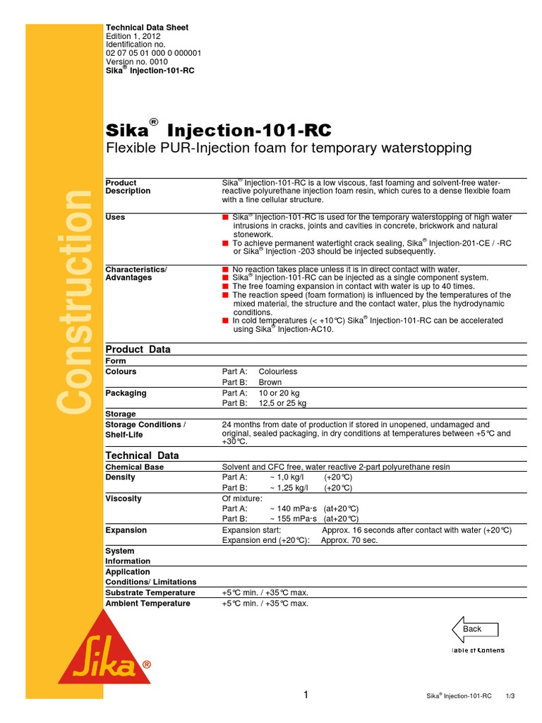 Sika Injection-101-RC: Flexible PUR-Injection Foam For Temporary ...
