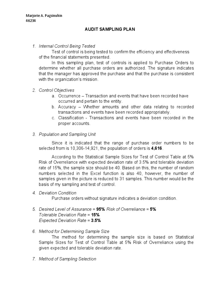 Audit Sampling Plan | PDF | Sampling (Statistics) | Internal Control