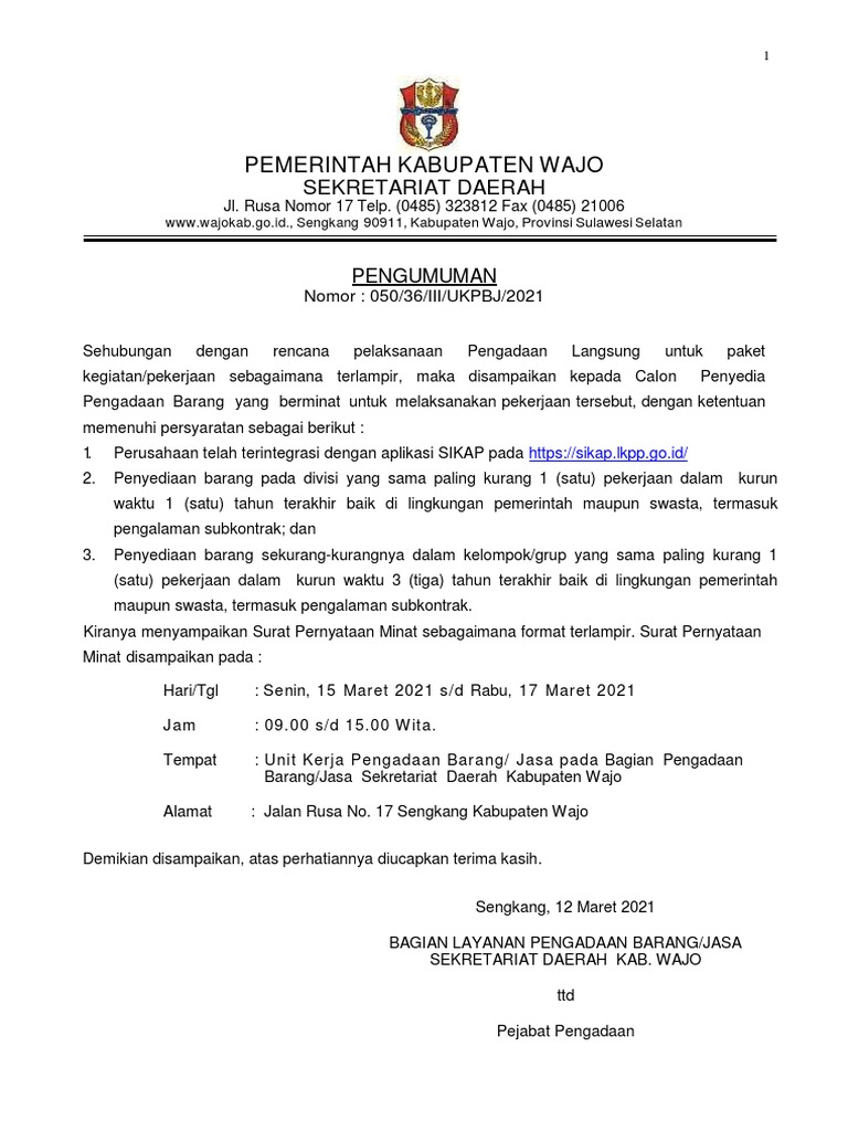 Pengumuman Pengadaan Langsung Kabupaten Wajo | PDF