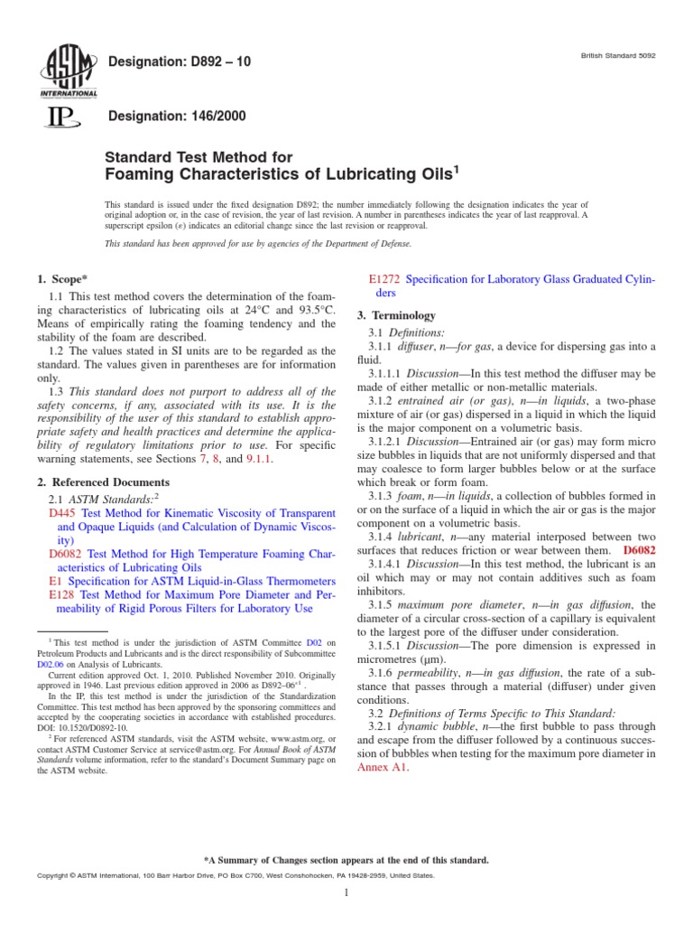 Astm D892 - 10 | PDF | Foam | Pressure Measurement