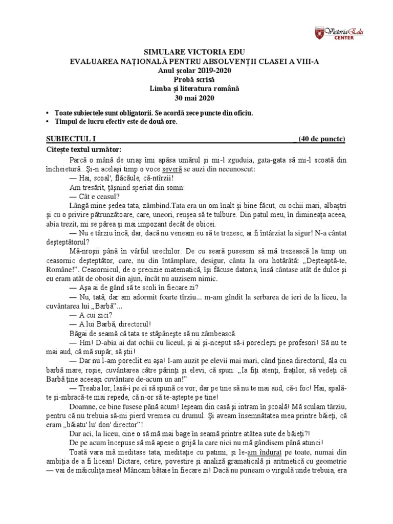 Simulare Romana EN - 2020 | PDF