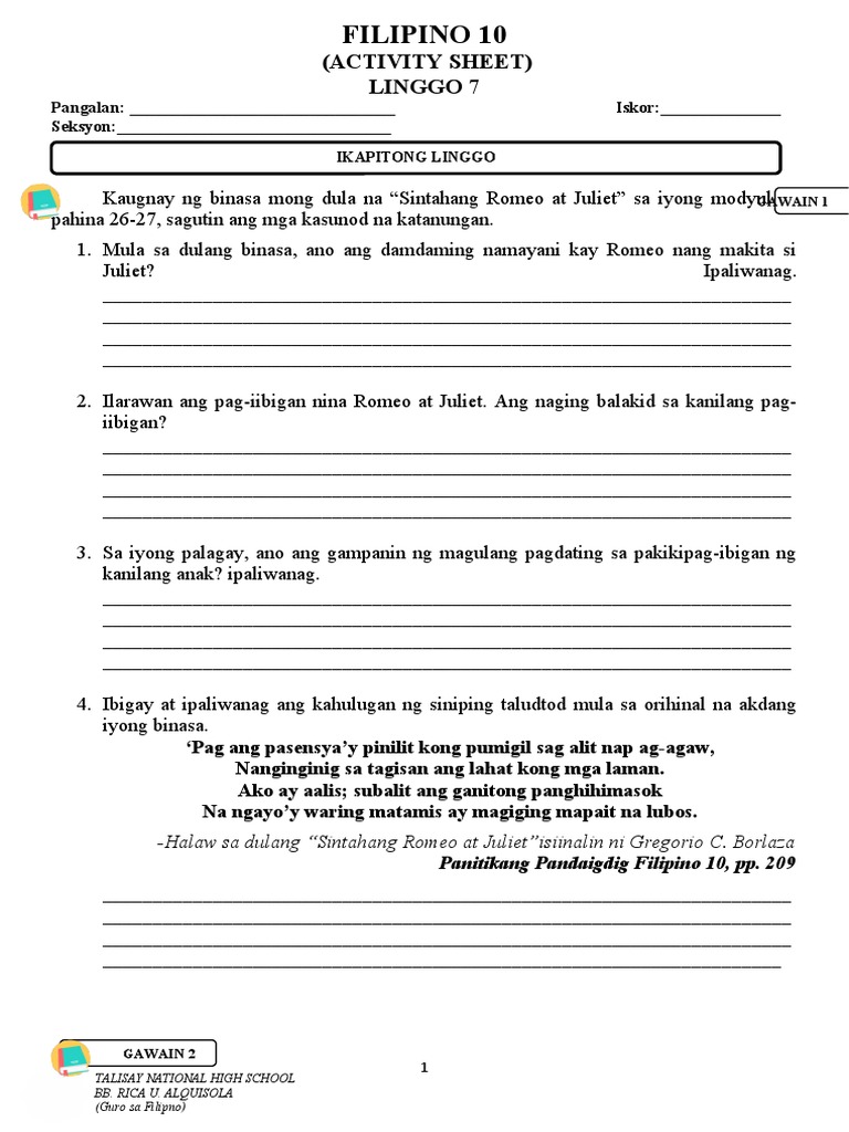 FILIPINO 10 - 7th Week (2ND QUARTER) | PDF
