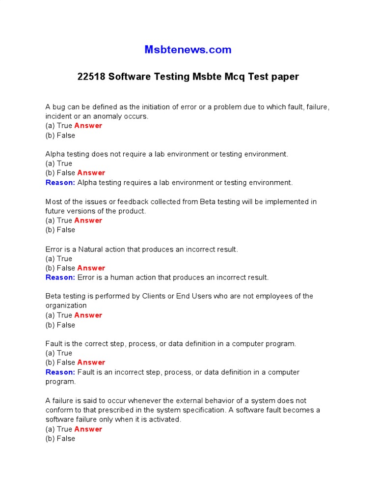Software Testing Msbte MCQ Test Paper | Download Free PDF | Software ...