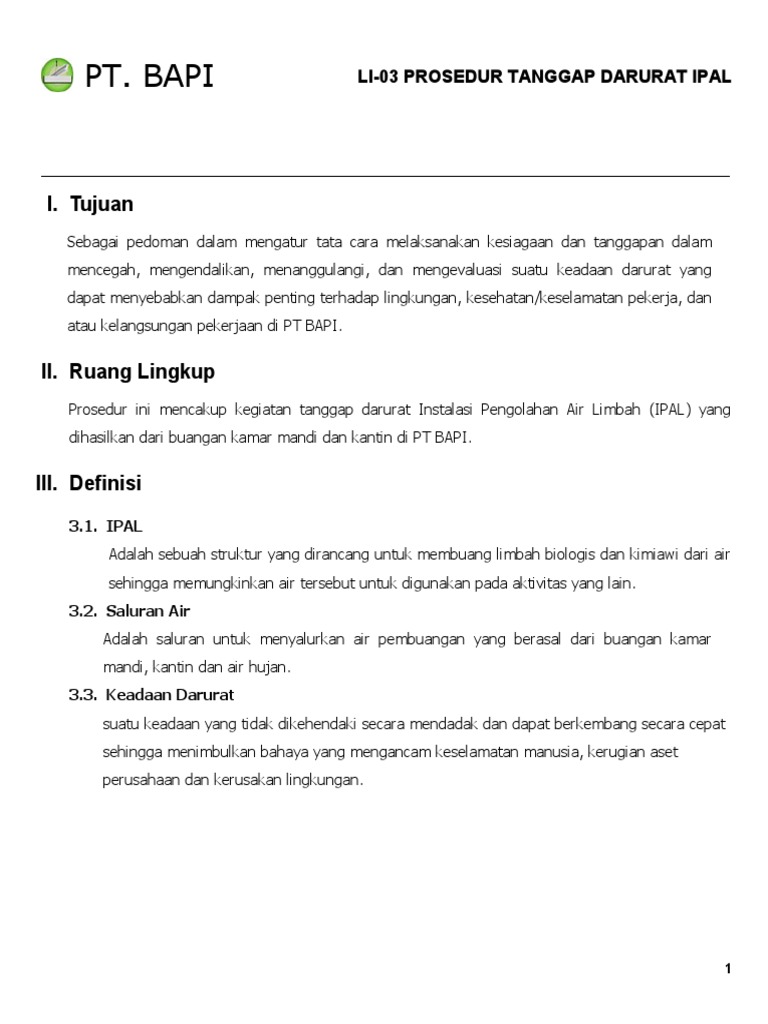 SOP Tanggap Darurat Limbah IPAL | PDF | Teknologi & Rekayasa