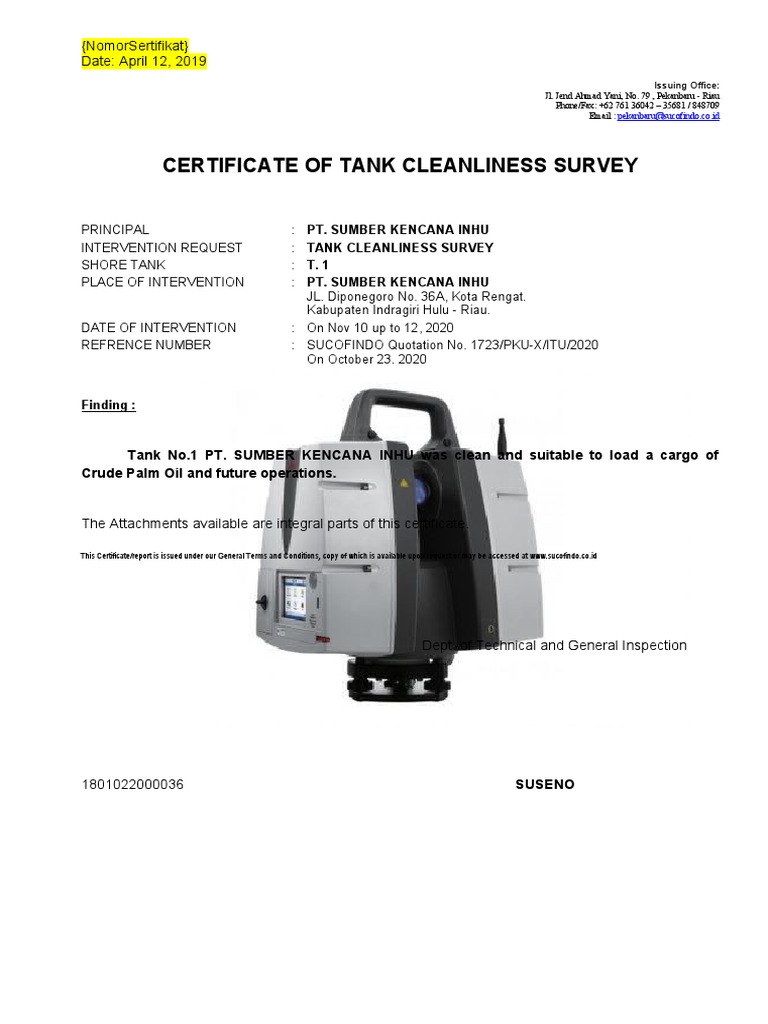 Certificate of Tank Cleanliness Survey: (Nomorsertifikat) Date: April ...