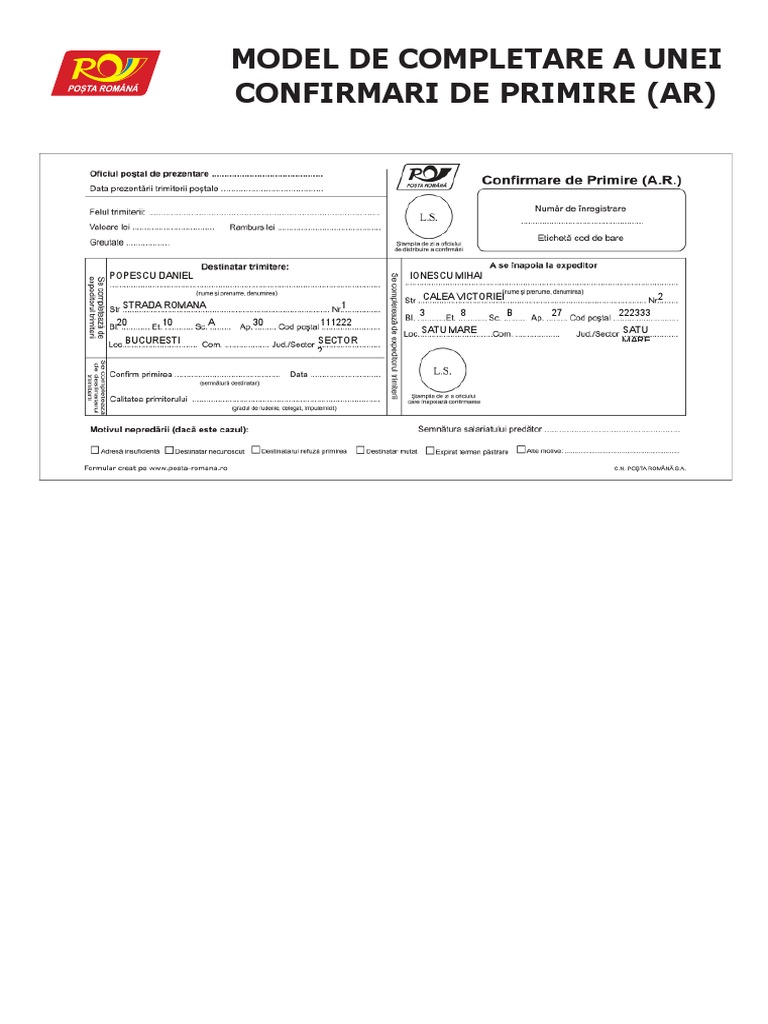 Model Completare Confirmare de Primire (AR) | PDF