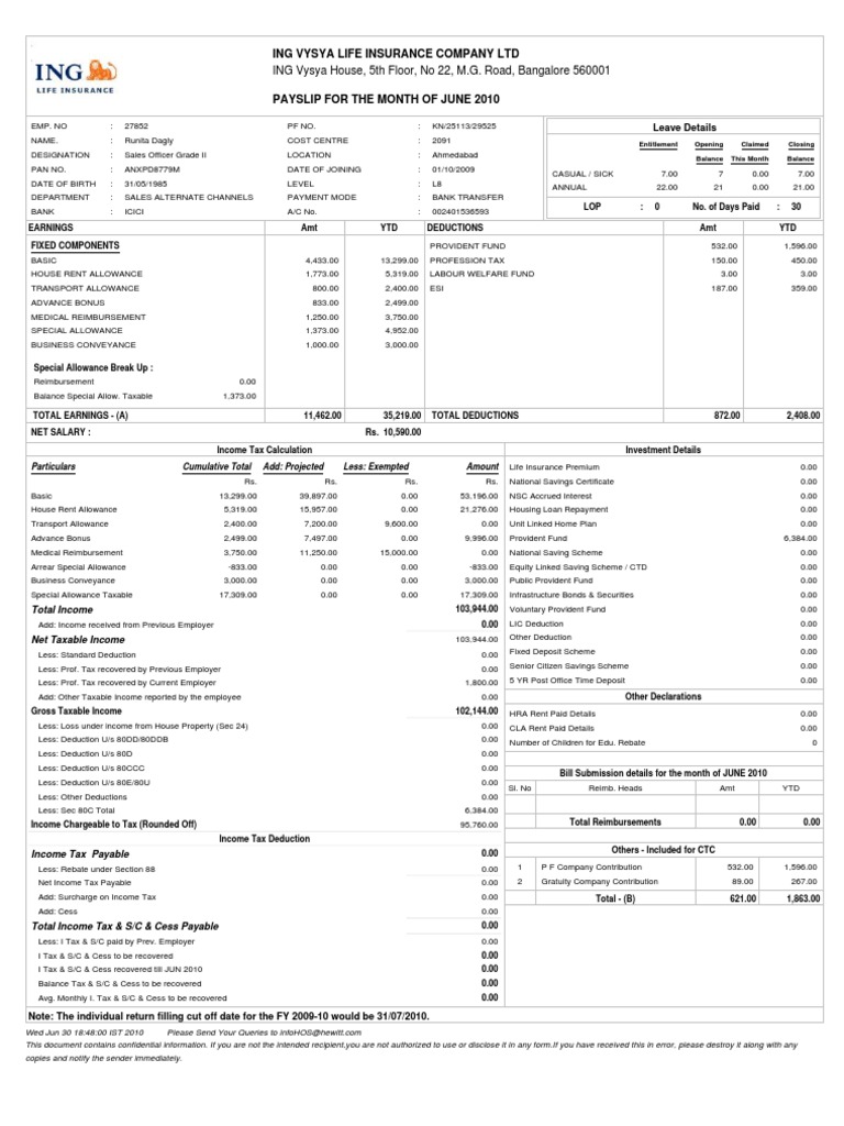 ING Vysya Life Insurance Payslip | PDF | Tax Deduction | Life Insurance