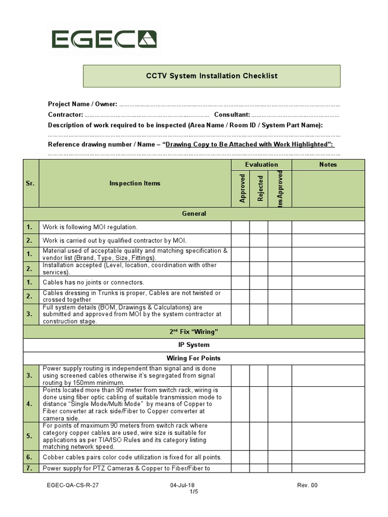 CCTV Installation and Maintenance Checklist | PDF | Electrical Wiring ...