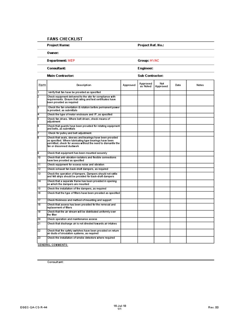 Fans Checklist: Project Name: Project Ref. No.: Owner: Department ...