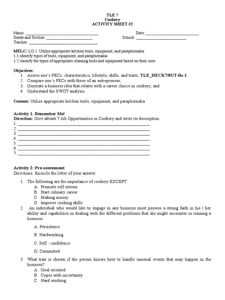 Activity Worksheet No.2 Tle 7 | PDF | Swot Analysis | Entrepreneurship