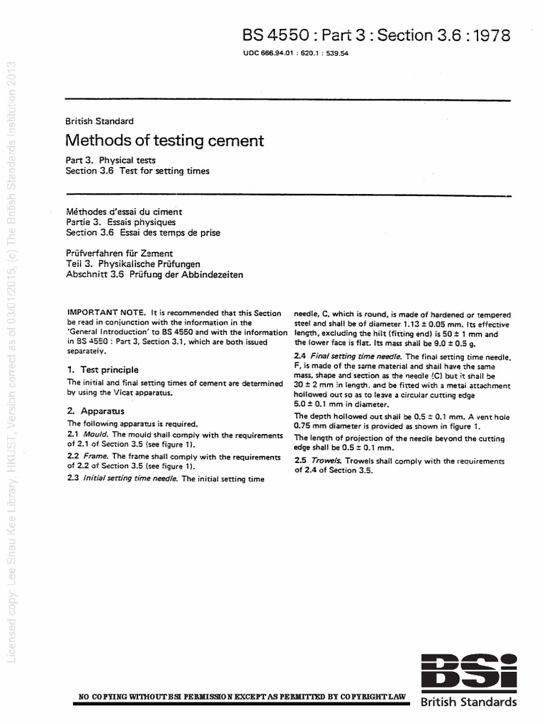 BS 4550-3.6 1978 - Physical Tests. Test For Setting Times | PDF