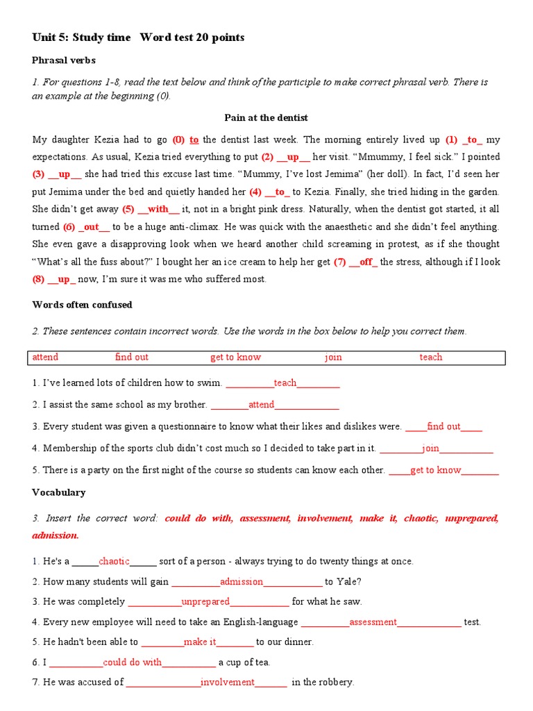Unit 5: Study Time Word Test 20 Points: (0) To (1) - To - (2) - Up - (3 ...