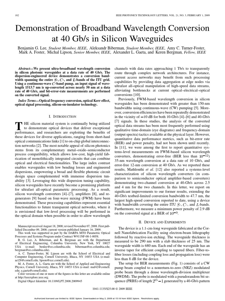 Demonstration of Broadband Wavelength Conversion at 40 Gbps in Silicon ...