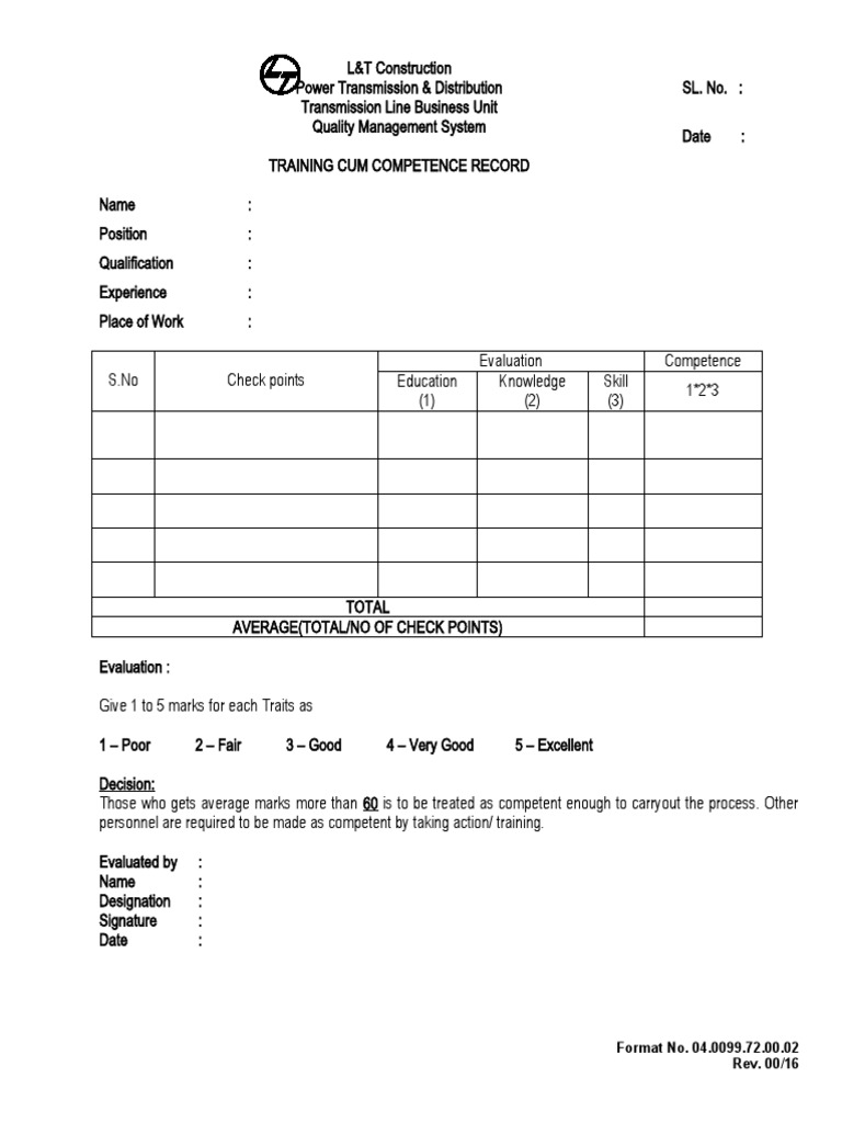 04.0099.72.00.02 Training Cum Competence Record | PDF