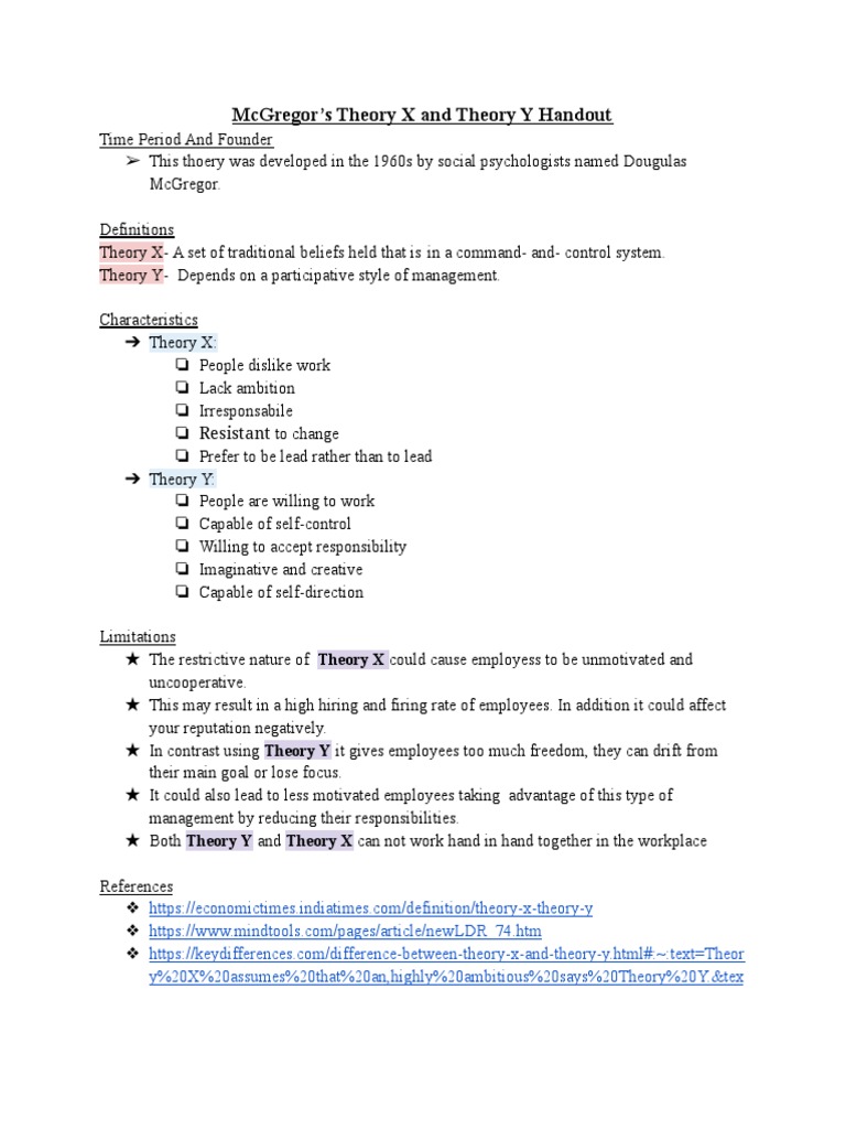 McGregor's Theory X and Theory Y Handout | PDF