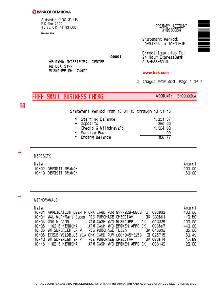 BOKF Bank Statement Summary for Helowha InterTribal Center | PDF ...