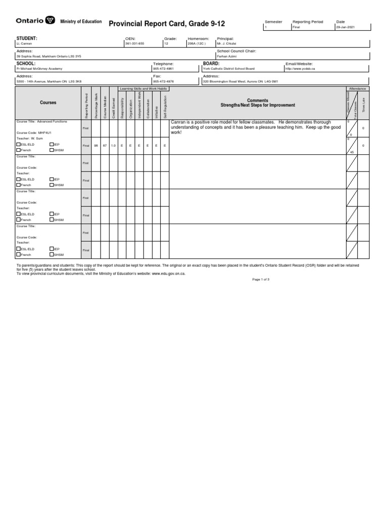 Provincial Report Card, Grade 9-12: Ministry of Education | PDF | Goal ...