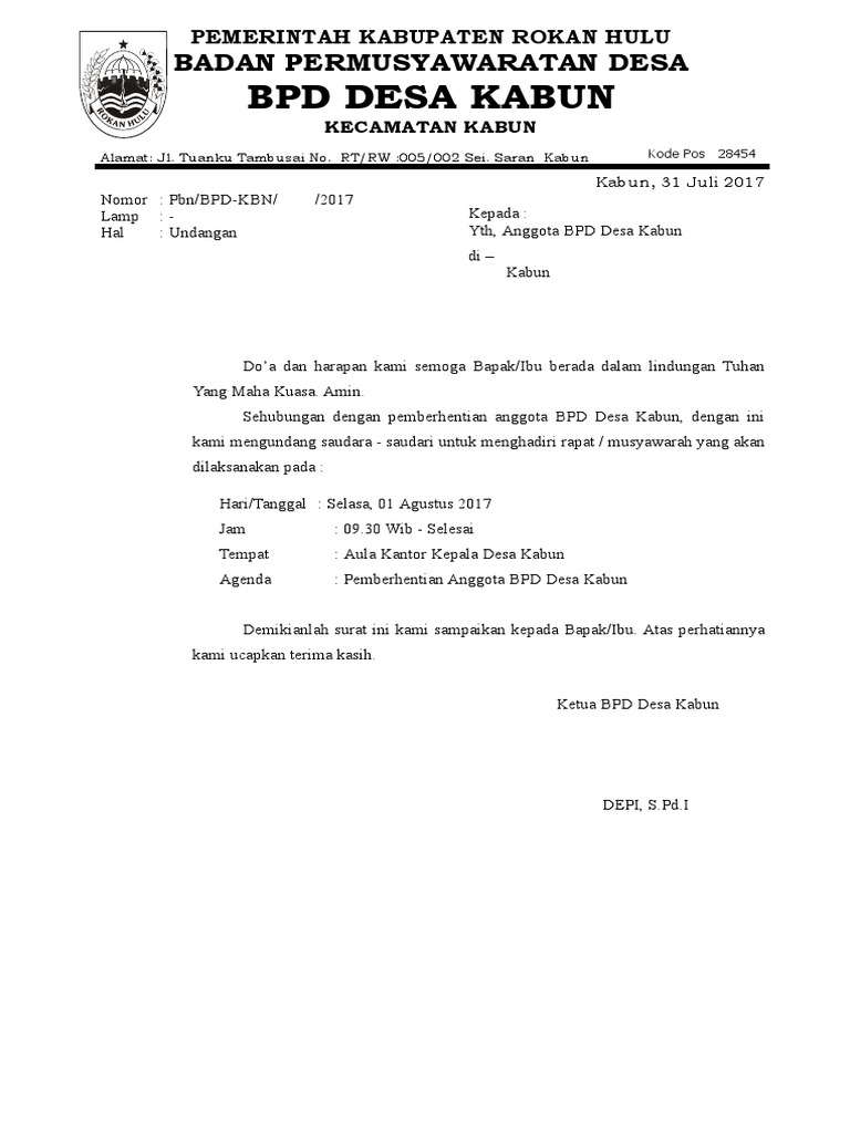Undangan Rapat Pemberhentian Anggota BPD | PDF