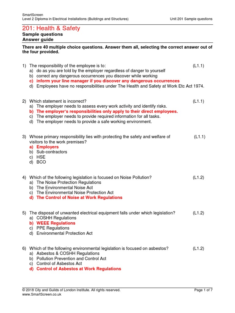 201: Health & Safety: Sample Questions Answer Guide | PDF | Personal Protective Equipment ...