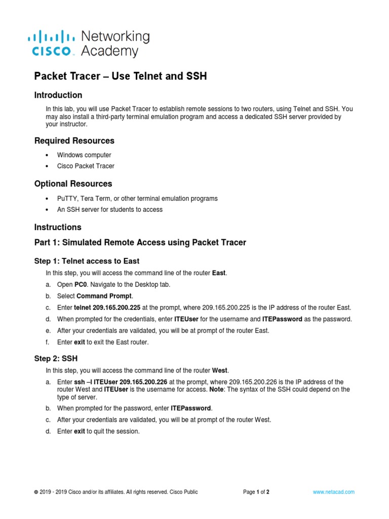 Telnet and SSH Configuration in Packet Tracer | PDF | Router (Computing ...