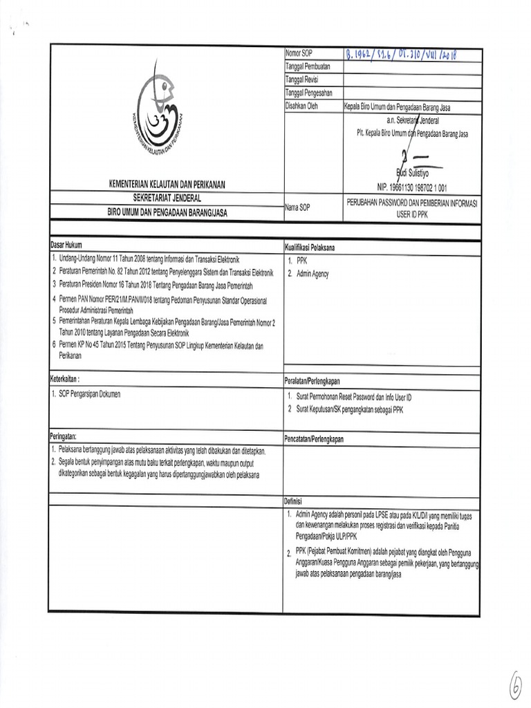 Sop Perubahan Password Dan Pemberian Informasi User Id PPK | PDF
