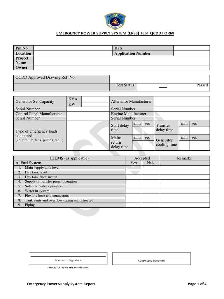 Emergency Power Supply System (Epss) Test QCDD Form: Pin No. Date ...