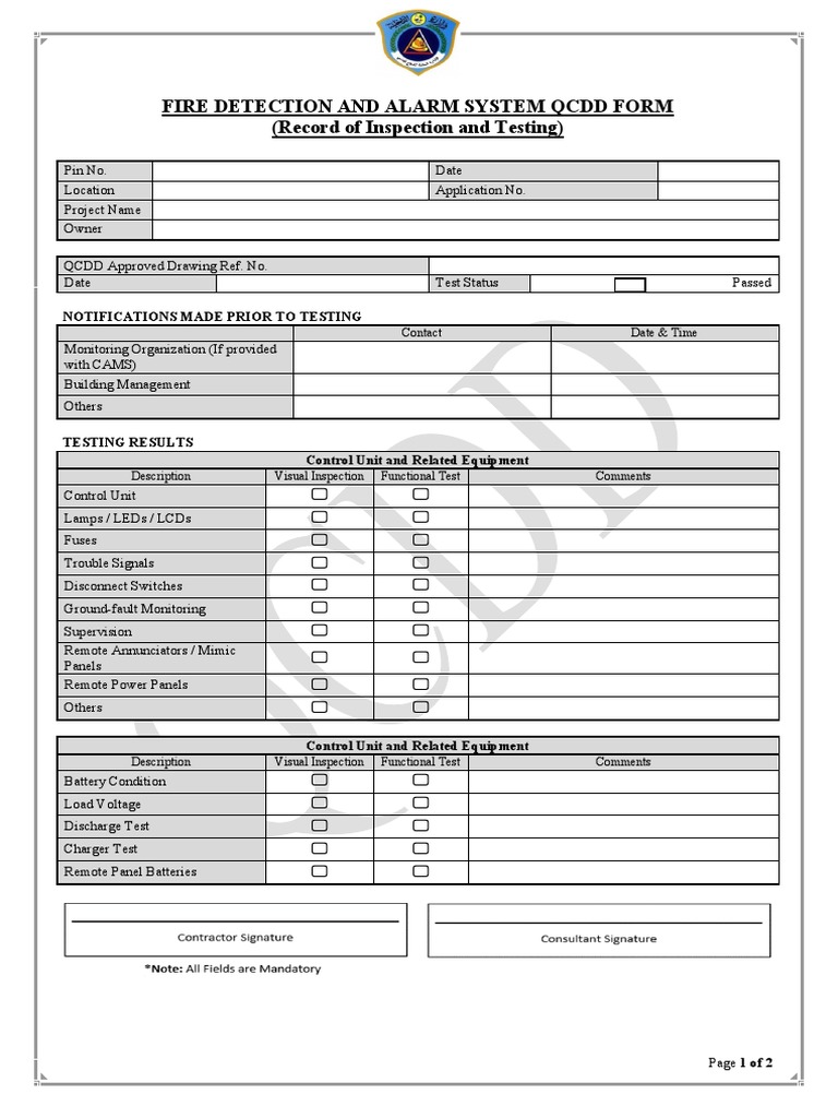 Fire Detection and Alarm System QCDD Form (Record of Inspection and ...