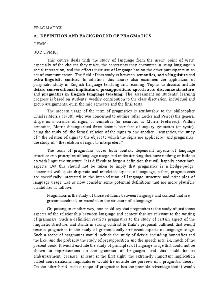 A. Definition and Background of Pragmatics | PDF | Grammar | Semantics