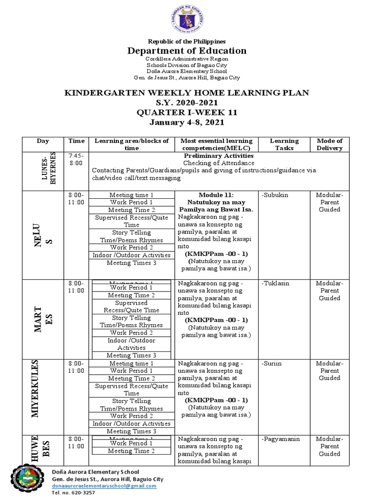 Department of Education: Kindergarten Weekly Home Learning Plan S.Y ...