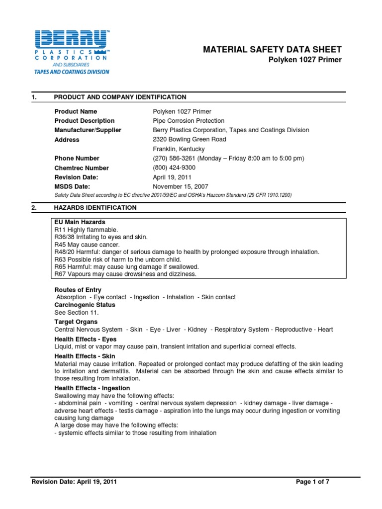Material Safety Data Sheet: Polyken 1027 Primer | PDF | Toxicity ...