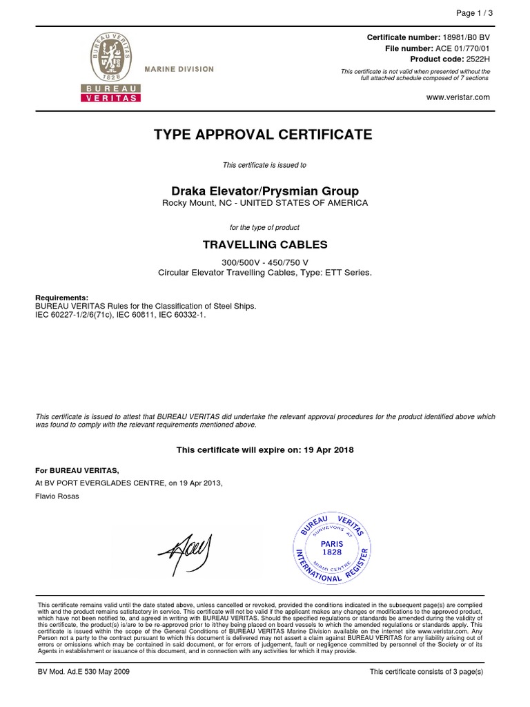 Type Approval Certificate: Draka Elevator/Prysmian Group | PDF ...