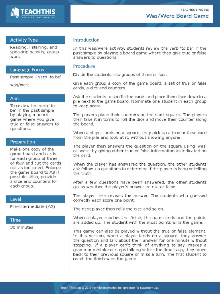 Was/Were Board Game: Activity Type | PDF | English As A Second Or ...