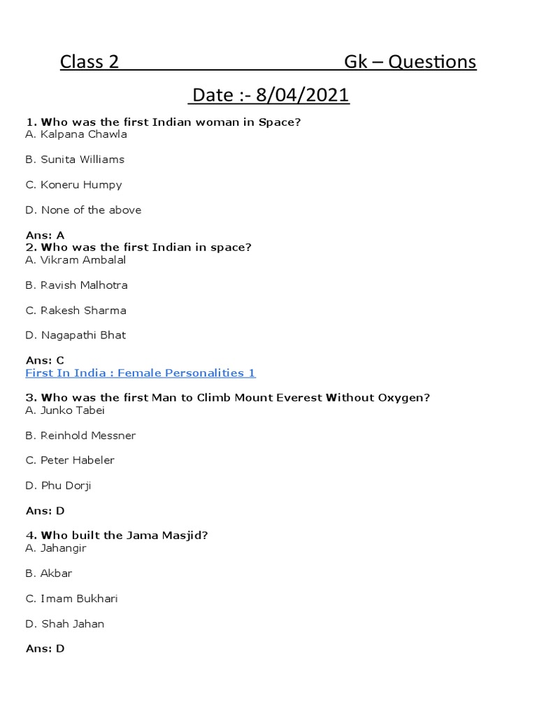 Class 2 GK - Questions Date:-8/04/2021 | PDF