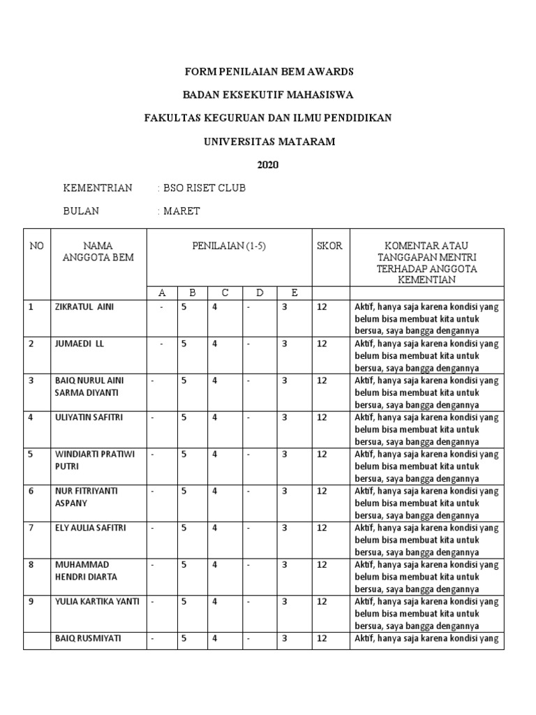 Form Penialaian Bem Awards 1 | PDF