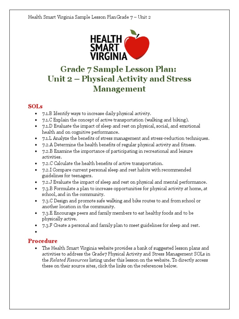 Grade 7 Sample Lesson Plan: Unit 2 - Physical Activity and Stress ...